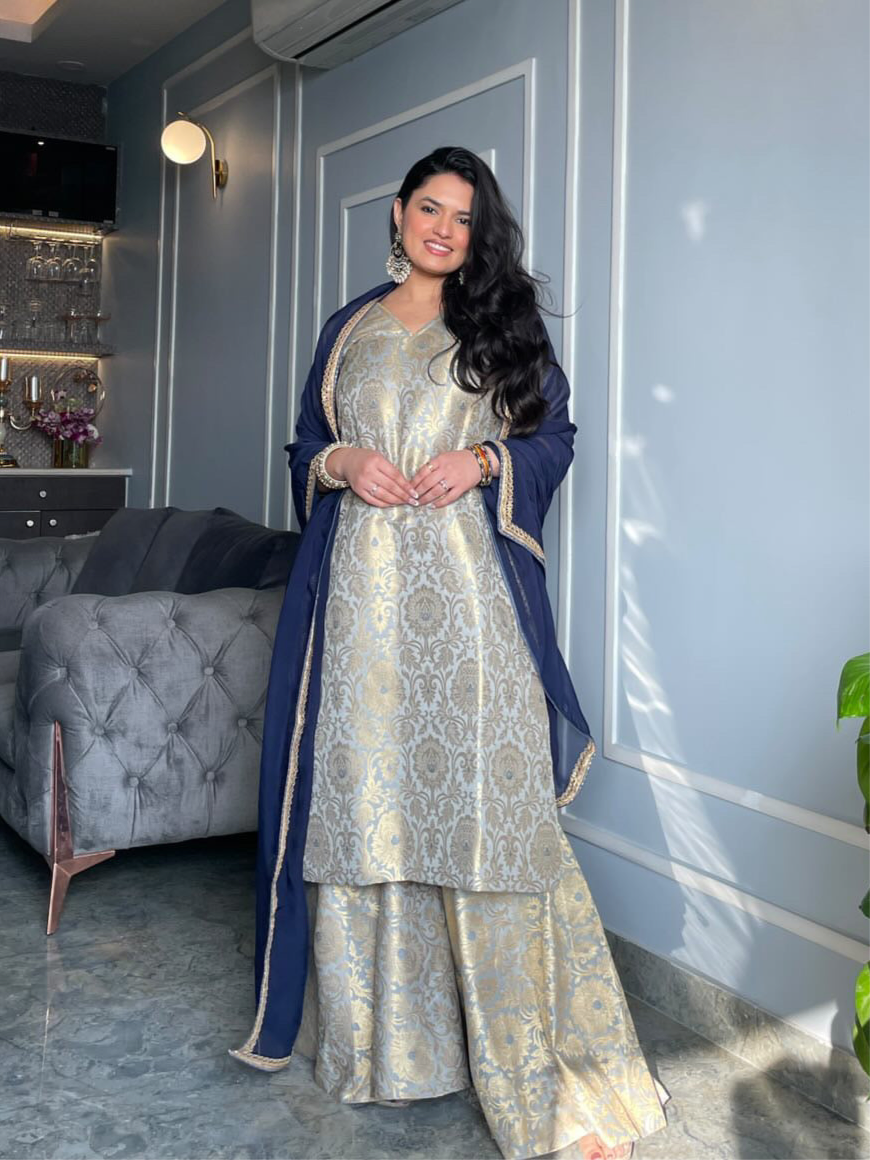 Meera banarasi silk 3 pc garara set in Grey – Ethnic Threads