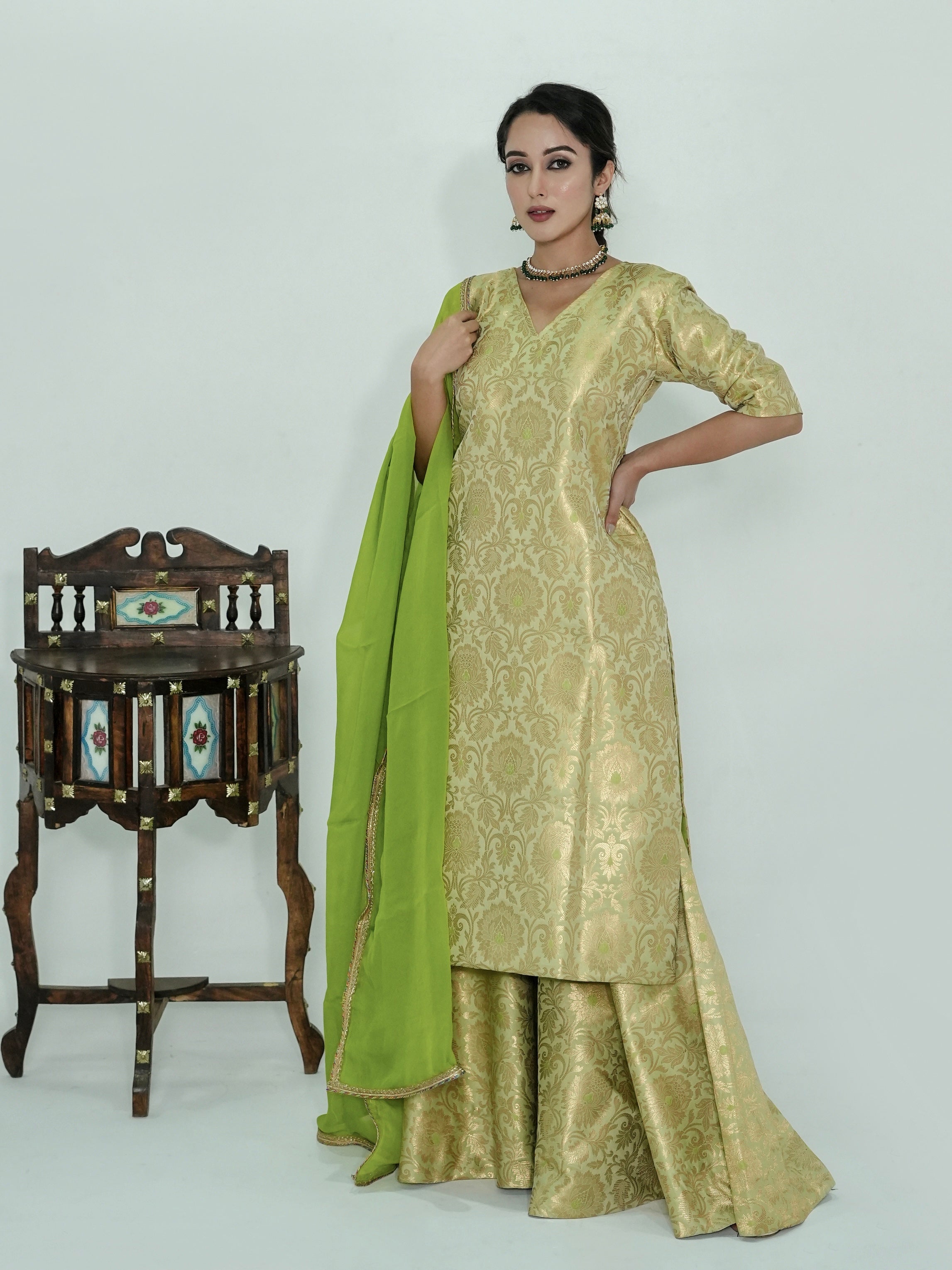 Meera banarasi silk 3 pc garara set in Green – Ethnic Threads