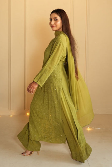 Noor Chikankari and mukaish work set in Green – Ethnic Threads